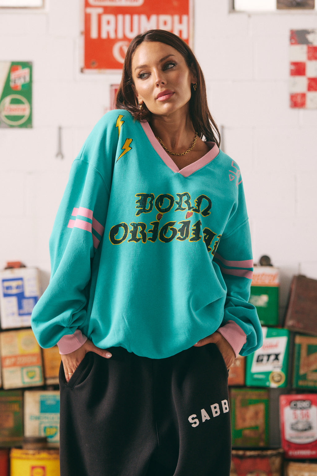 The Born Original V Neck Crew - Teal & Pink – Gathered Collab